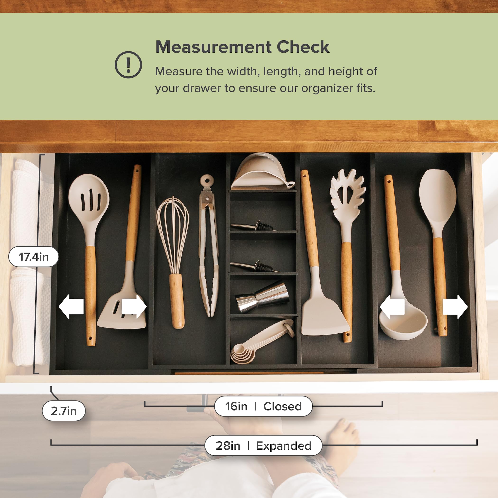 KitchenEdge Adjustable Kitchen Drawer Organizer for Utensils and Junk, Food-Safe Contract Grade with 100% Sustainable Wood, Non-Slip, Expandable from 16 to 28 Inches Wide - Black Bamboo