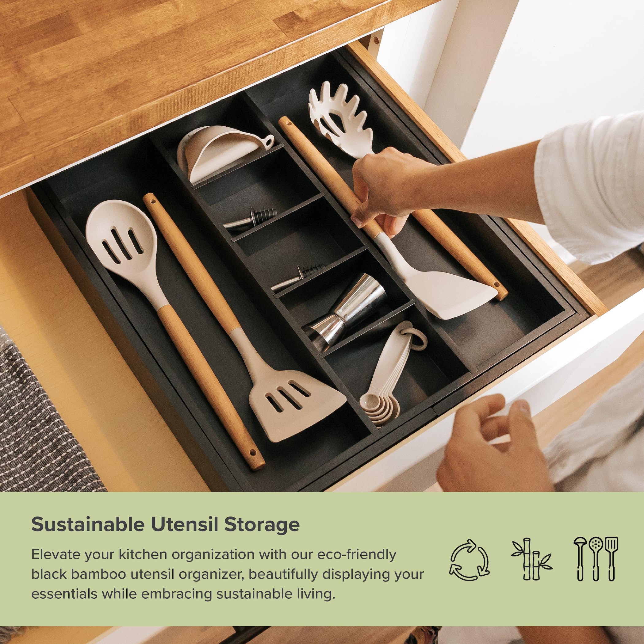 KitchenEdge Adjustable Kitchen Drawer Organizer for Utensils and Junk, Food-Safe Contract Grade with 100% Sustainable Wood, Non-Slip, Expandable from 16 to 28 Inches Wide - Black Bamboo