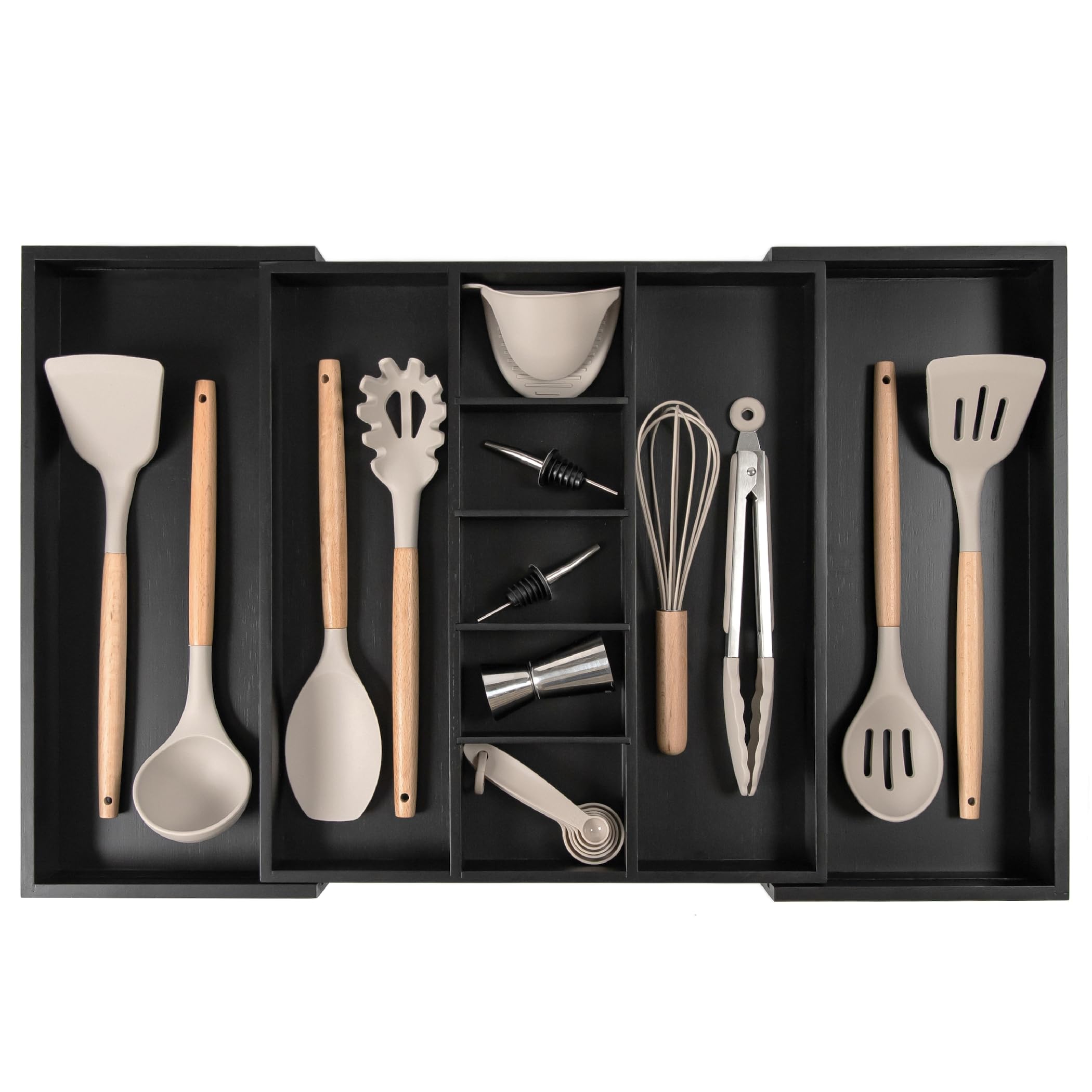 KitchenEdge Adjustable Kitchen Drawer Organizer for Utensils and Junk, Food-Safe Contract Grade with 100% Sustainable Wood, Non-Slip, Expandable from 16 to 28 Inches Wide - Black Bamboo