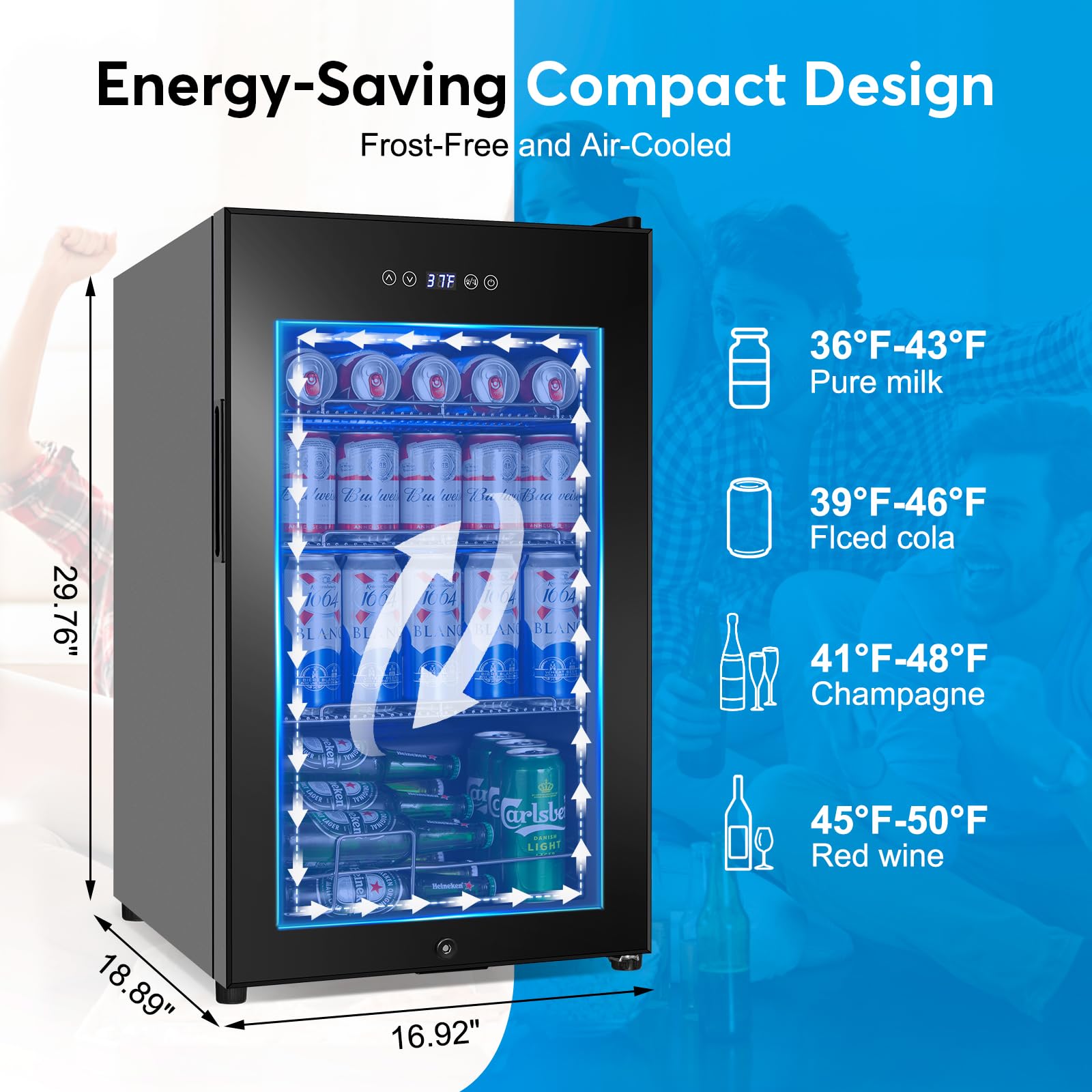 Beverage Refrigerator 17 inch Wide - 126 Can Beverage Cooler with Glass Door | Counter-Top/Freestanding Mini Beverage Beer Fridge | Temperature Memory | Invisible Door | Perfect for Soda,Beer