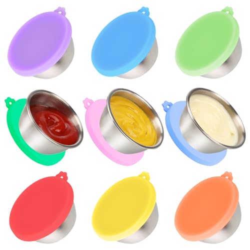 Moretoes 9pcs Salad Dressing Container To Go, Sauce Cups, 1.6oz Mini Condiment Containers with Lids for Bento Boxes and On-the-Go Meals(Rainbow - Colored