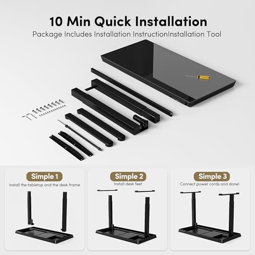 BANTI Electric Standing Desk with Drawers, 48 inch Whole-Piece Glass Desktop, Height Adjustable Stand up Sit Stand Home Office Ergonomic Workstation, Black Tabletop