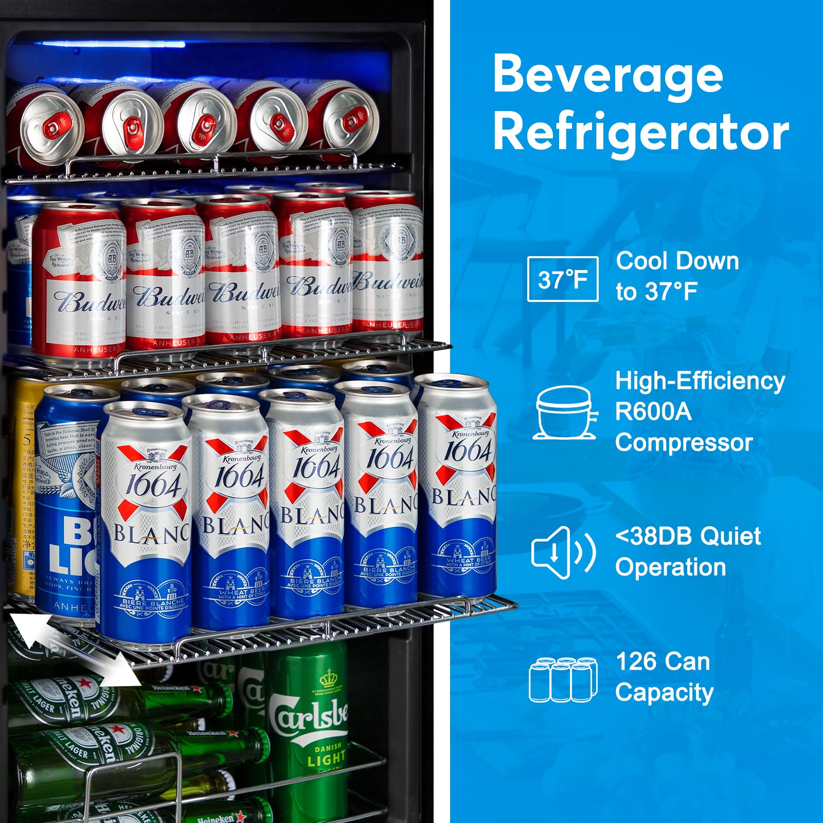 Beverage Refrigerator 17 inch Wide - 126 Can Beverage Cooler with Glass Door | Counter-Top/Freestanding Mini Beverage Beer Fridge | Temperature Memory | Invisible Door | Perfect for Soda,Beer