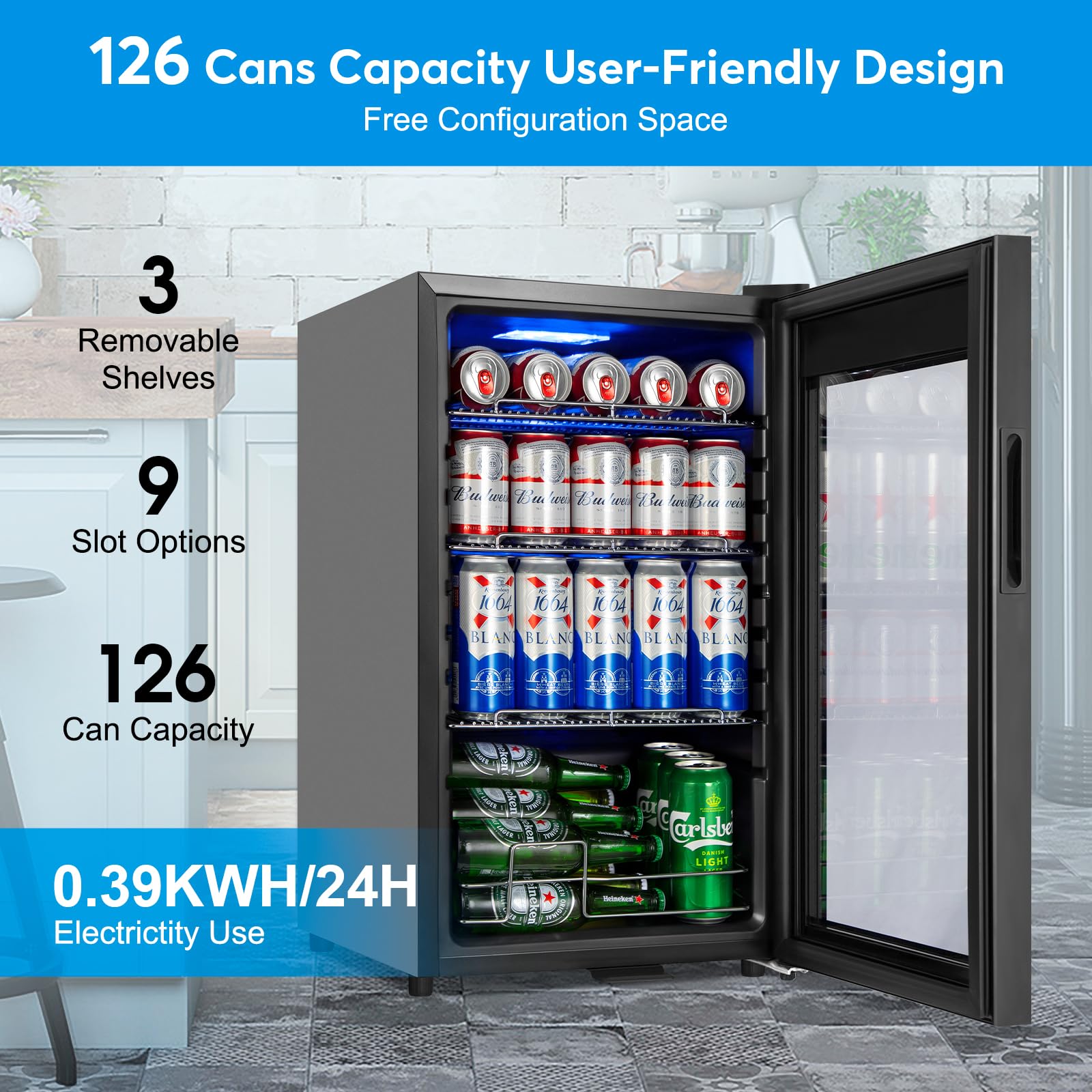 Beverage Refrigerator 17 inch Wide - 126 Can Beverage Cooler with Glass Door | Counter-Top/Freestanding Mini Beverage Beer Fridge | Temperature Memory | Invisible Door | Perfect for Soda,Beer