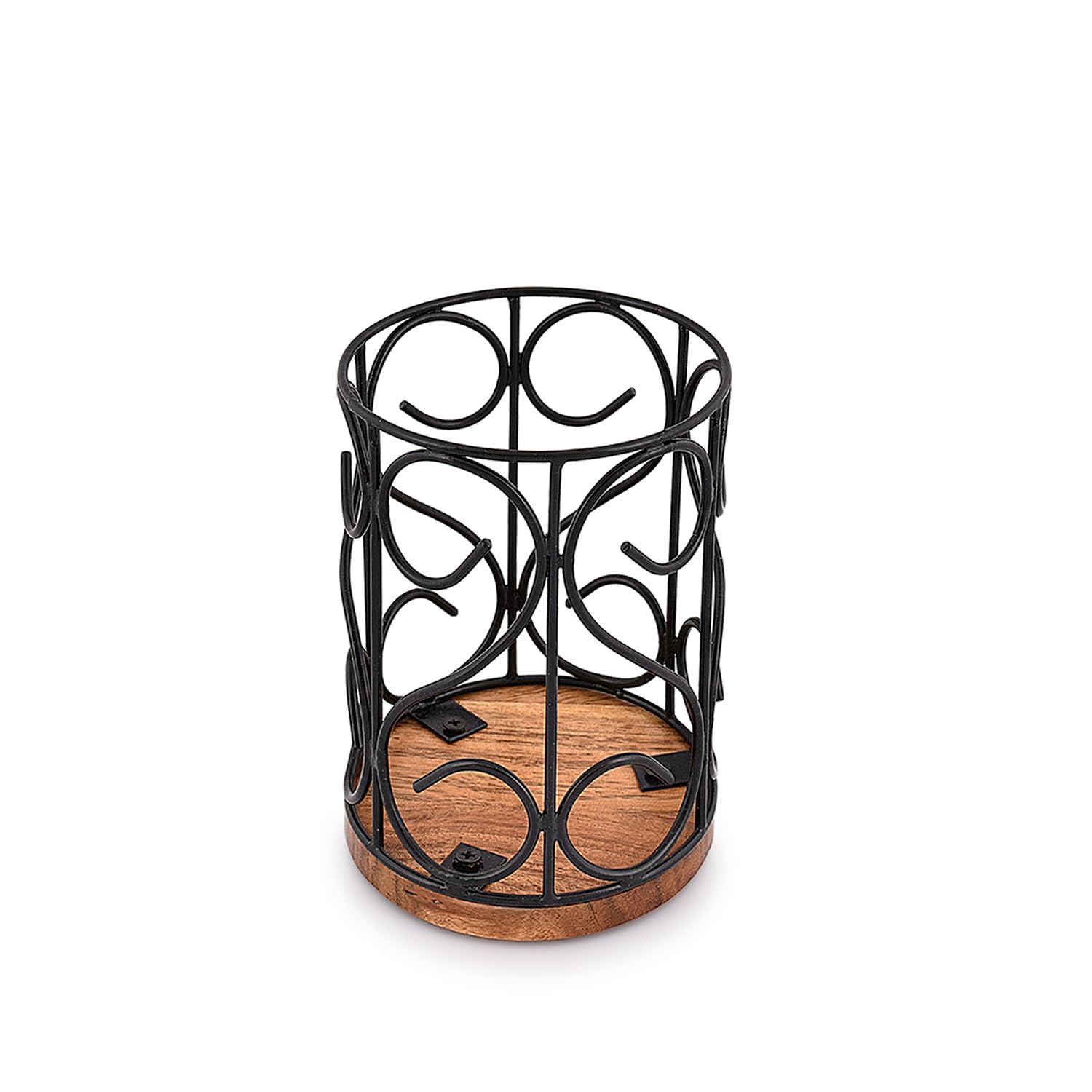 EDHAS Iron Utensil Holder With Acacia Wood Base Kitchen Counter Organizer Round Flatware Storage for Countertop (4.5" x 4.5" x 6")