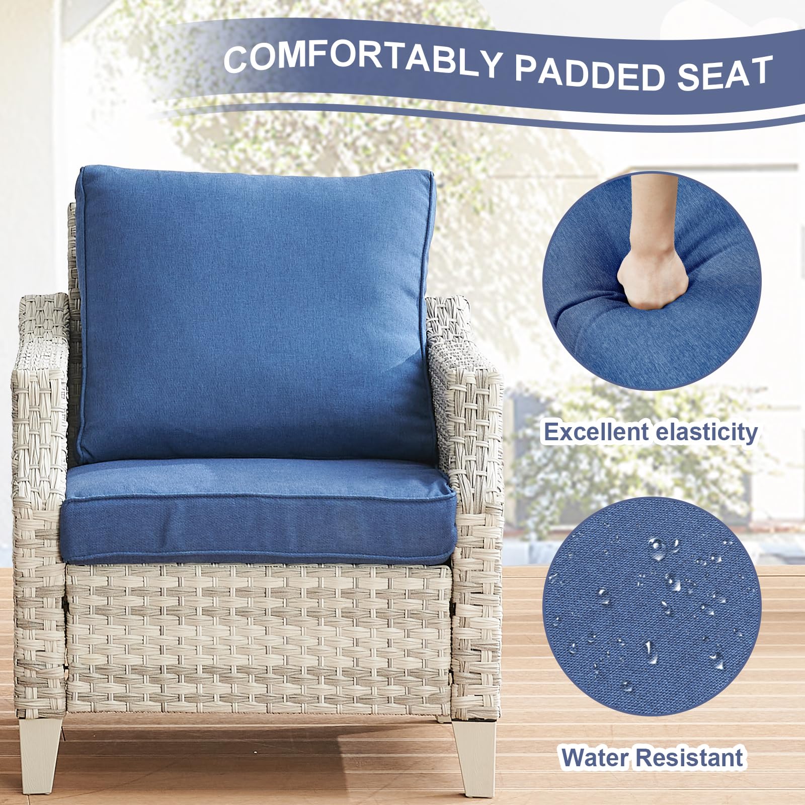 HUMMUH Outdoor Wicker Chairs Patio Dining Chairs Set of 2 PE Wicker Patio Chairs with High Back and Deep Seat, 4 inch Seat Cushions for Garden Porch Backyard (Mixed Grey/Blue)