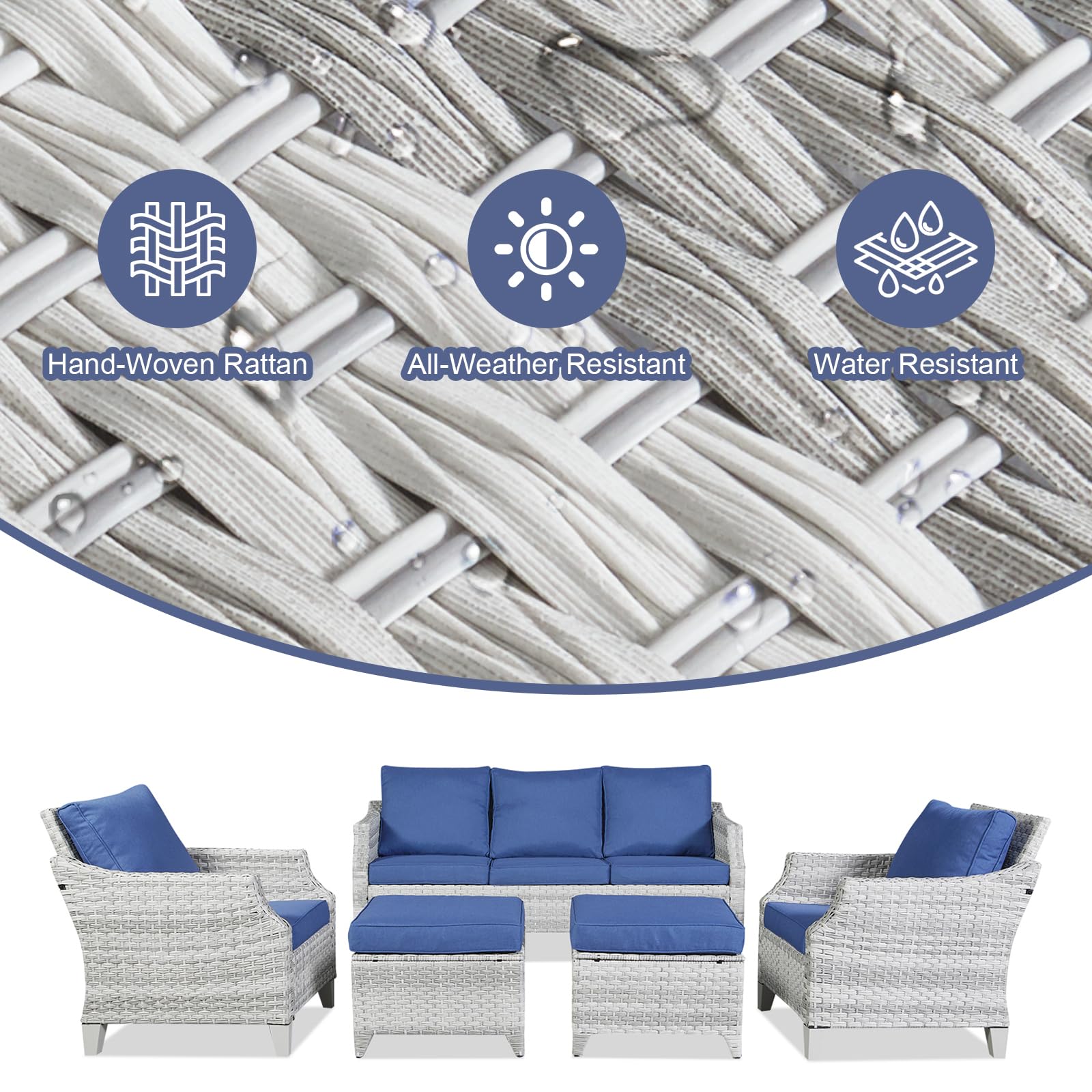 HUMMUH Outdoor Wicker Chairs Patio Dining Chairs Set of 2 PE Wicker Patio Chairs with High Back and Deep Seat, 4 inch Seat Cushions for Garden Porch Backyard (Mixed Grey/Blue)