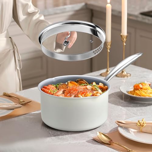 Fracoda 2 Quart Nonstick Sauce Pan with Lid, Ceramic Saucepan Small Cooking Pot Non Toxic, PTFE & PFOA Free - Oven Safe & Compatible with All Stovetops (Gas, Electric & Induction)-Cream