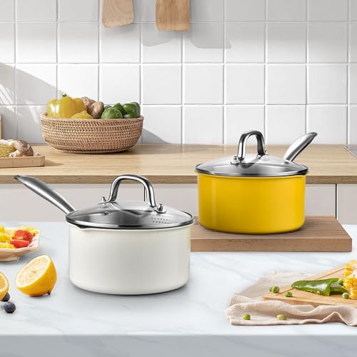 Fracoda 2 Quart Nonstick Sauce Pan with Lid, Ceramic Saucepan Small Cooking Pot Non Toxic, PTFE & PFOA Free - Oven Safe & Compatible with All Stovetops (Gas, Electric & Induction)-Cream