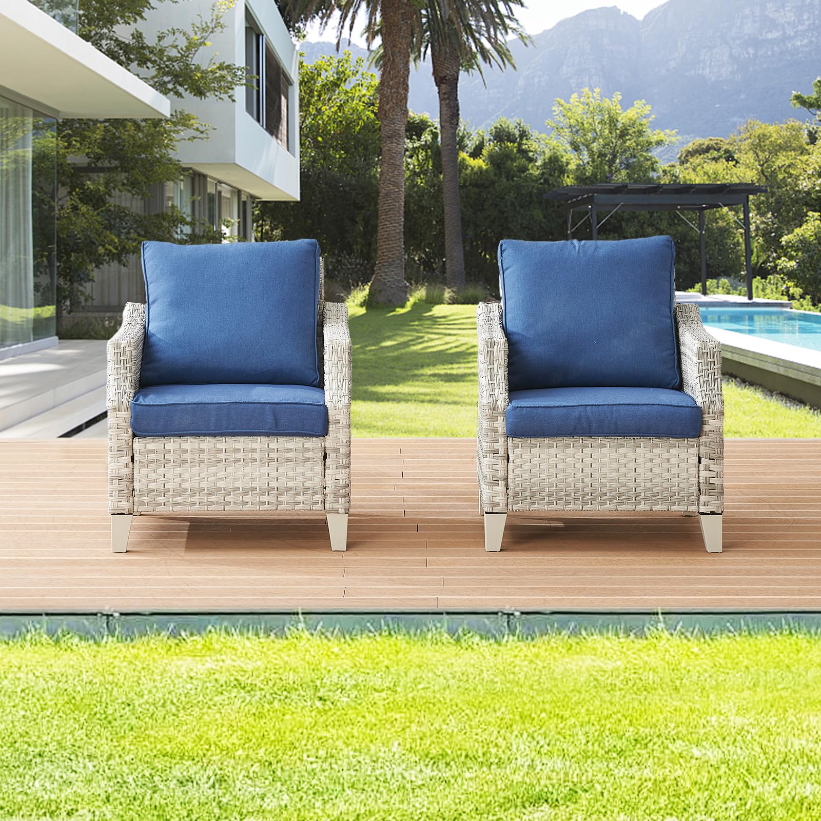 HUMMUH Outdoor Wicker Chairs Patio Dining Chairs Set of 2 PE Wicker Patio Chairs with High Back and Deep Seat, 4 inch Seat Cushions for Garden Porch Backyard (Mixed Grey/Blue)