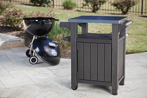 Keter Unity Portable Outdoor Table and Storage Cabinet with Hooks for Grill Accessories-Stainless Steel Top for Patio Kitchen Island or Bar Cart