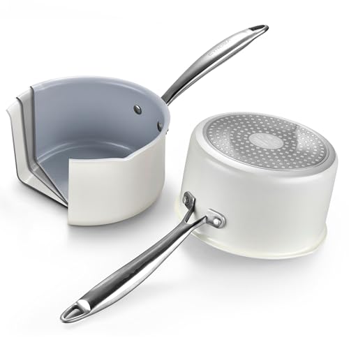 Fracoda 2 Quart Nonstick Sauce Pan with Lid, Ceramic Saucepan Small Cooking Pot Non Toxic, PTFE & PFOA Free - Oven Safe & Compatible with All Stovetops (Gas, Electric & Induction)-Cream
