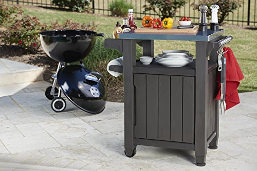 Keter Unity Portable Outdoor Table and Storage Cabinet with Hooks for Grill Accessories-Stainless Steel Top for Patio Kitchen Island or Bar Cart