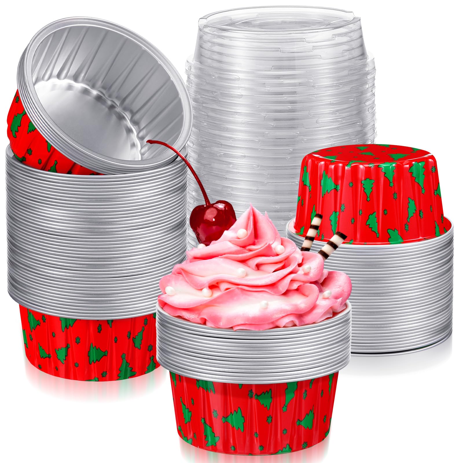 Umigy 100 Pcs Christmas Aluminum Foil Baking Cups with Lids 4.3oz Baking Liner Cups Xmas Disposable Ramekins Muffin Tins Cupcake Baking Pan Foil Cupcake Containers for Christmas Party (Christmas Tree)