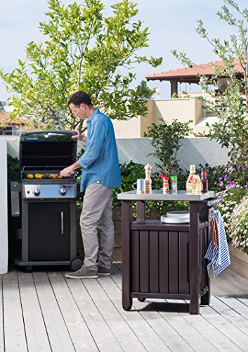 Keter Unity Portable Outdoor Table and Storage Cabinet with Hooks for Grill Accessories-Stainless Steel Top for Patio Kitchen Island or Bar Cart