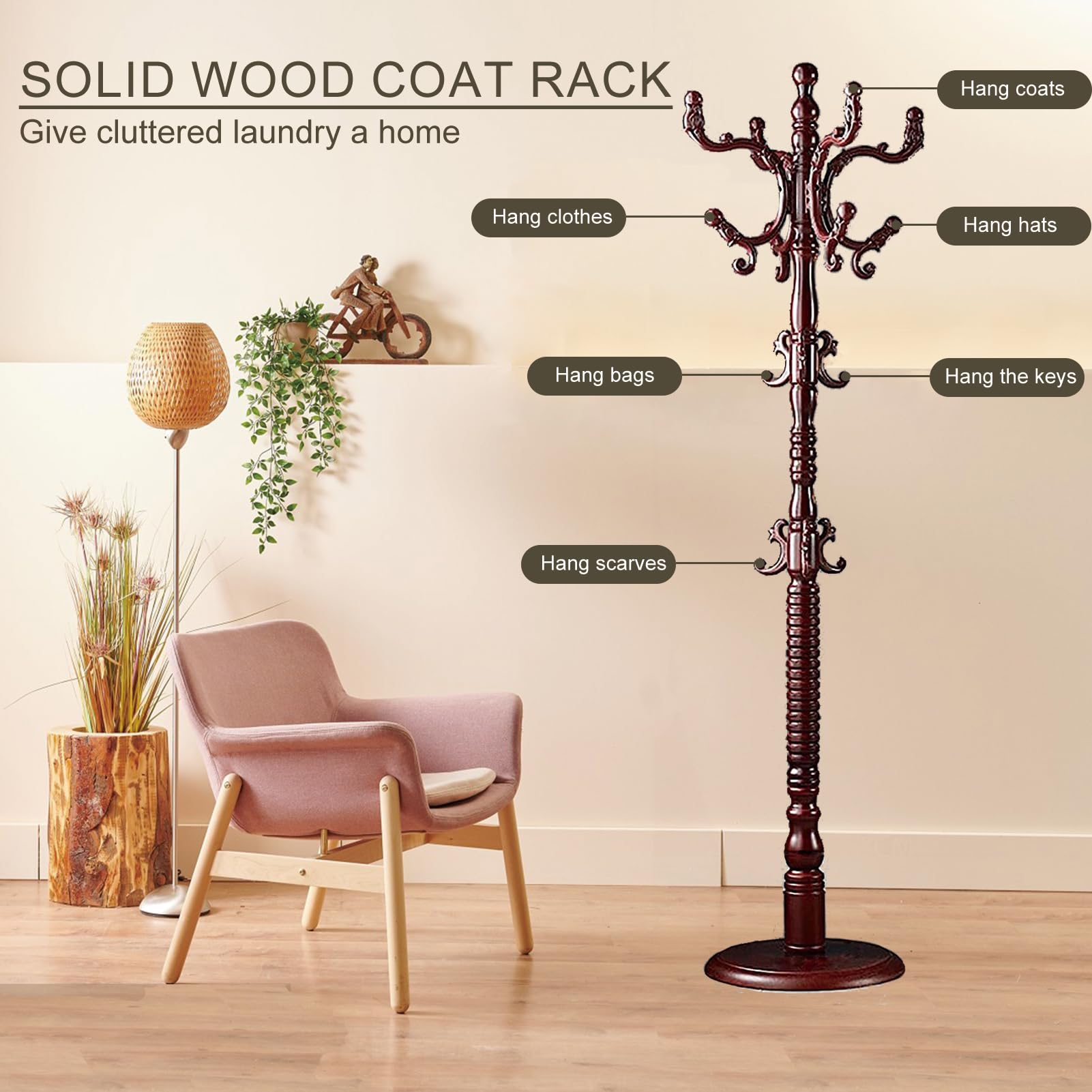 SerHirst Coat Rack Freestanding, Wooden Coat Tree Stand with 14 Hooks, Easy Assembly with Stable Disc Base for Bedroom, Hallway, Entrance Office for Hats, Coats, Scarves (Mahogany color)