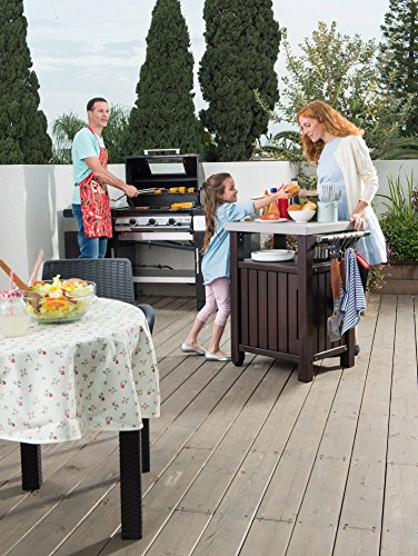 Keter Unity Portable Outdoor Table and Storage Cabinet with Hooks for Grill Accessories-Stainless Steel Top for Patio Kitchen Island or Bar Cart