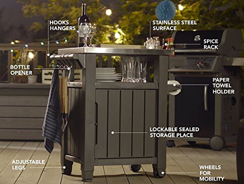 Keter Unity Portable Outdoor Table and Storage Cabinet with Hooks for Grill Accessories-Stainless Steel Top for Patio Kitchen Island or Bar Cart