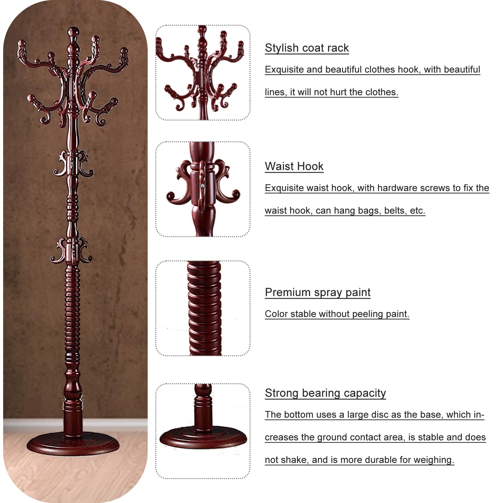 SerHirst Coat Rack Freestanding, Wooden Coat Tree Stand with 14 Hooks, Easy Assembly with Stable Disc Base for Bedroom, Hallway, Entrance Office for Hats, Coats, Scarves (Mahogany color)