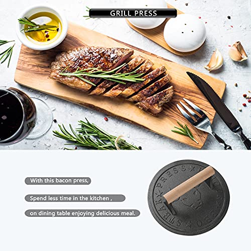Swanna 8.66-Inch Round Cast Iron Grill Bacon Press With Wood Handle,Meat Presser,Iron Barbecue, BBQ Press,Grill Accessories, Make Griddle Steak Burger Bacon (a)