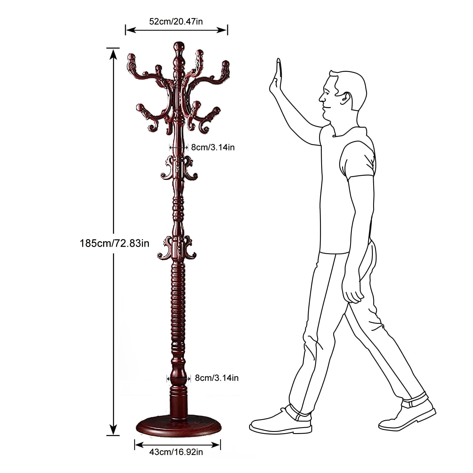 SerHirst Coat Rack Freestanding, Wooden Coat Tree Stand with 14 Hooks, Easy Assembly with Stable Disc Base for Bedroom, Hallway, Entrance Office for Hats, Coats, Scarves (Mahogany color)