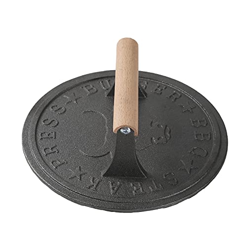Swanna 8.66-Inch Round Cast Iron Grill Bacon Press With Wood Handle,Meat Presser,Iron Barbecue, BBQ Press,Grill Accessories, Make Griddle Steak Burger Bacon (a)