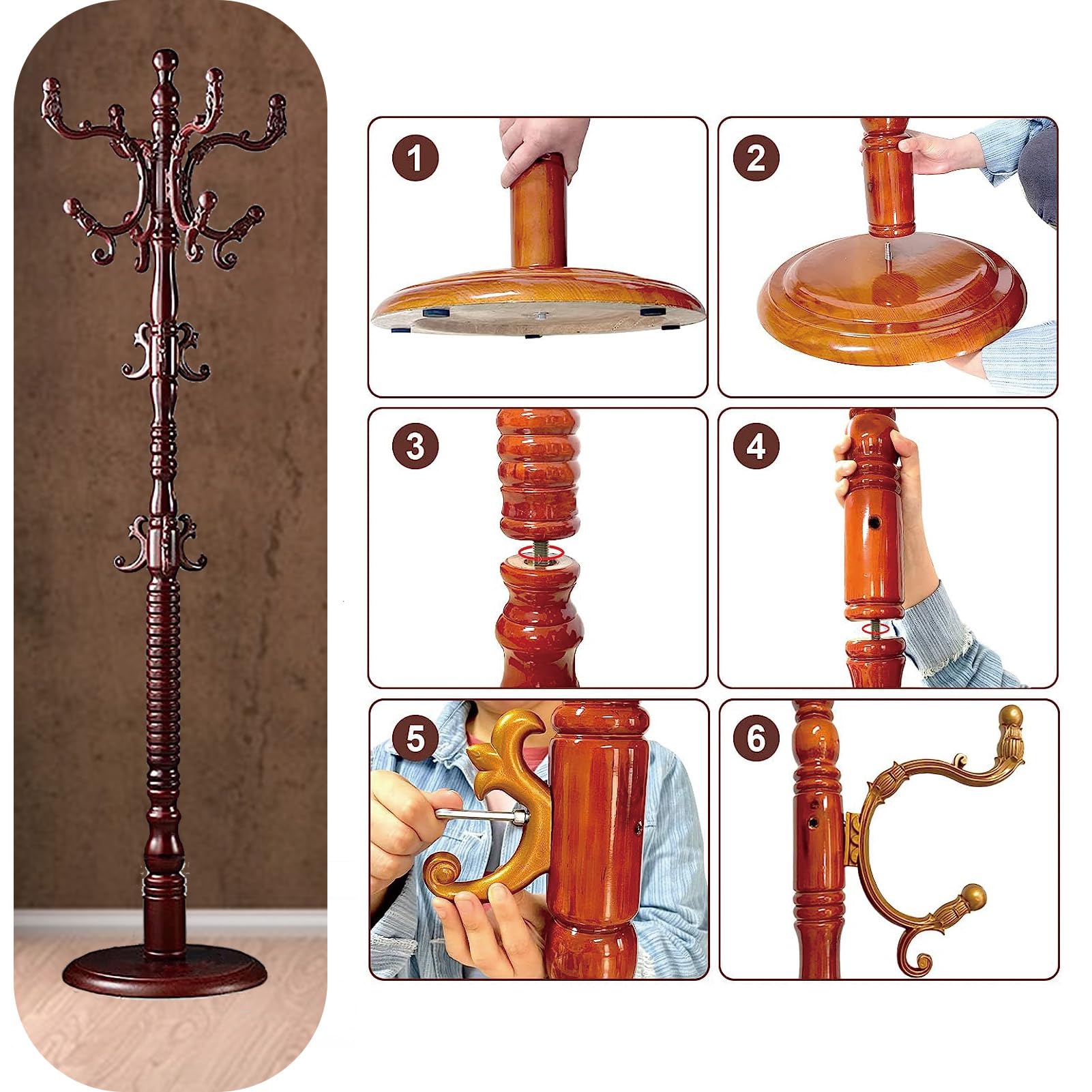 SerHirst Coat Rack Freestanding, Wooden Coat Tree Stand with 14 Hooks, Easy Assembly with Stable Disc Base for Bedroom, Hallway, Entrance Office for Hats, Coats, Scarves (Mahogany color)