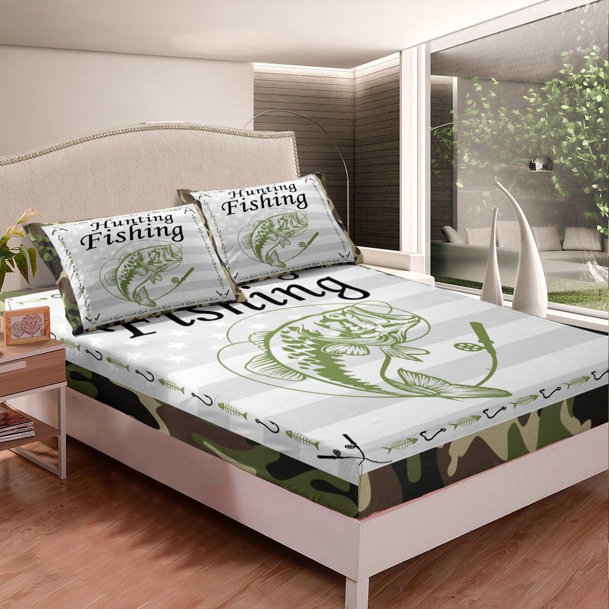 Hunting and Fishing Bed Sheet Set Full Size Pike Fish Fitted Sheet for Kids Adults Teens Boys Men Fisherman Fishhook Bedding Set Camo American Flag Bedding Sheets Bedroom Decor with 2 Pillow Case