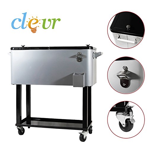 80 Quart Qt Rolling Cooler Ice Chest for Outdoor Patio Deck Party, Grey, Portable Party Bar Cold Drink Beverage Cart Tub, Backyard Cooler Trolley on Wheels with Shelf, Stand, & bottle opener