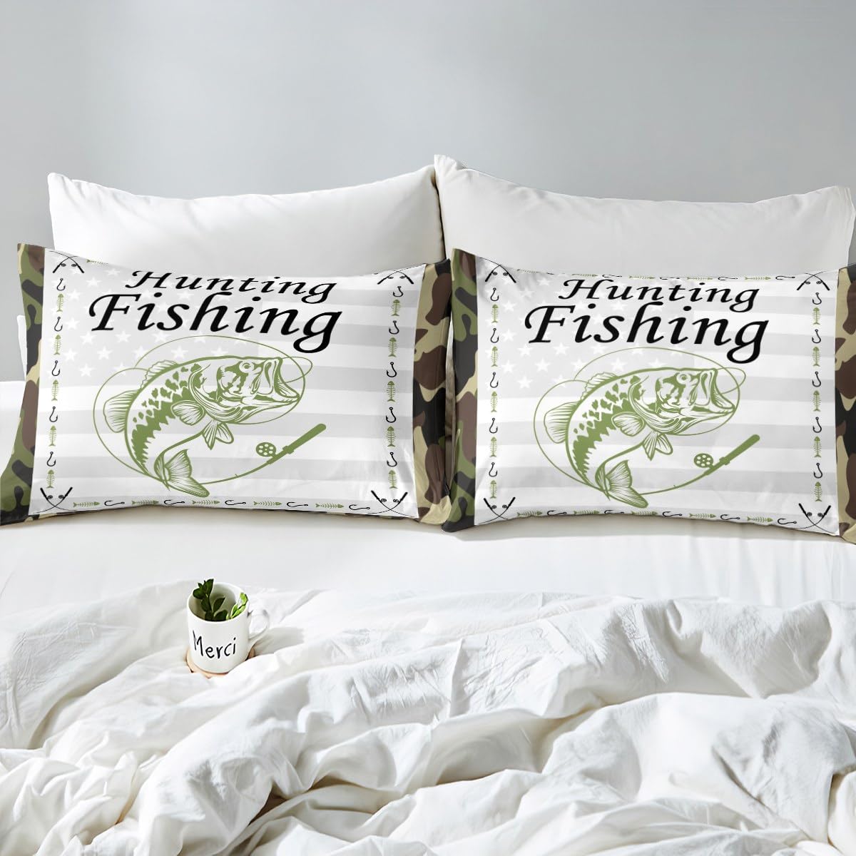 Hunting and Fishing Bed Sheet Set Full Size Pike Fish Fitted Sheet for Kids Adults Teens Boys Men Fisherman Fishhook Bedding Set Camo American Flag Bedding Sheets Bedroom Decor with 2 Pillow Case