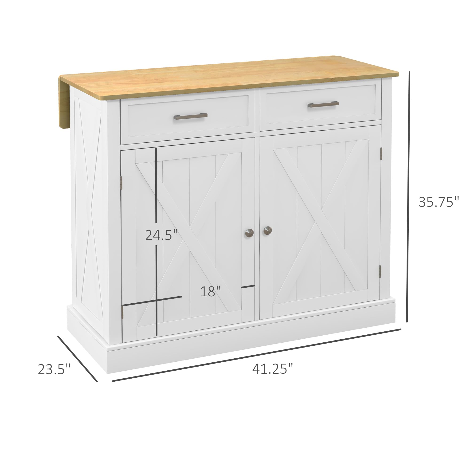 HOMCOM Rolling Kitchen Island with Drop Leaf Wood Breakfast Bar, Farmhouse Kitchen Cart with 2 Drawers, Adjustable Shelves for Dining Room, White