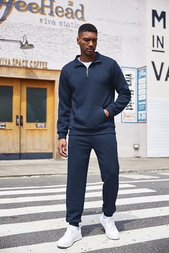 COOFANDY Men's Tracksuit 2 Piece Quarter Zip Sweatsuit Workout Plaid Jacquard Jogging Suit Set