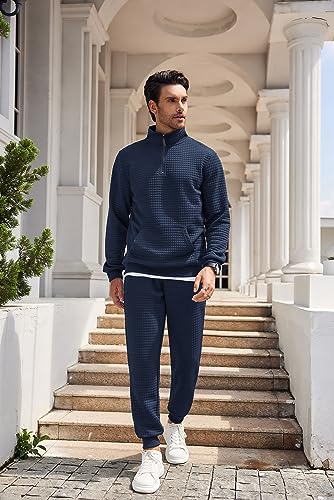 COOFANDY Men's Tracksuit 2 Piece Quarter Zip Sweatsuit Workout Plaid Jacquard Jogging Suit Set