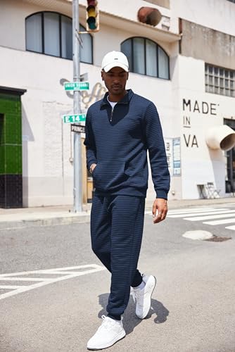 COOFANDY Men's Tracksuit 2 Piece Quarter Zip Sweatsuit Workout Plaid Jacquard Jogging Suit Set