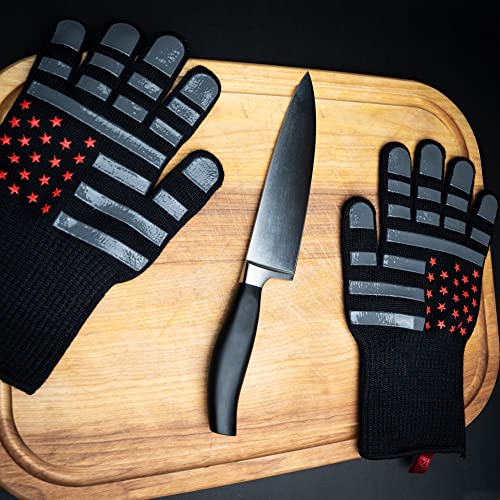 JayCee Grillin & Chillin 'Merica BBQ Gloves, 1472 Degree F Heat Resistant, Cut Resistant Lining, Non Slip Silicone, Machine Washable, Grilling, Baking, Cooking, Cutting