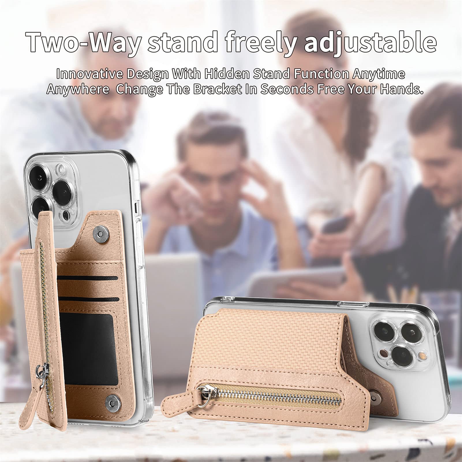 Yohulod Flip Leather Phone Wallet Stick On, Adhesive Credit Card Pocket with Adjustable Stand Function for Back of Most Phone Case Suitable for iPhone and Android (Brown)