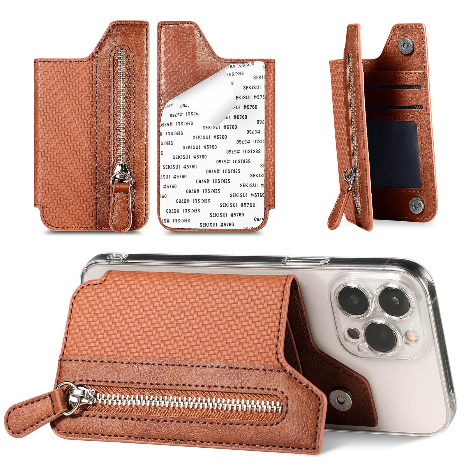 Yohulod Flip Leather Phone Wallet Stick On, Adhesive Credit Card Pocket with Adjustable Stand Function for Back of Most Phone Case Suitable for iPhone and Android (Brown)