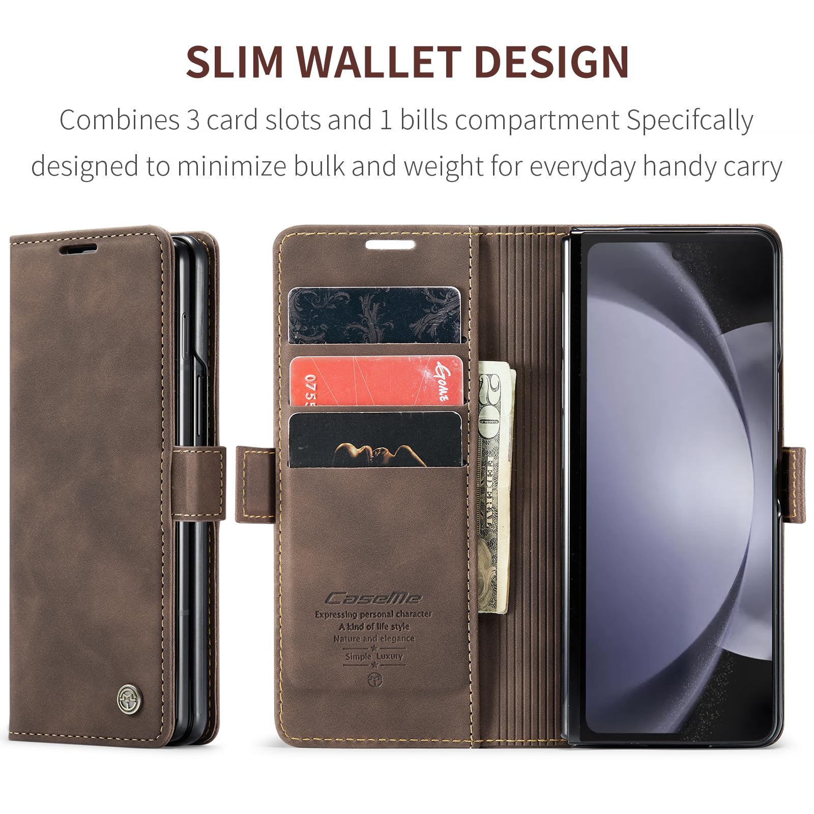 Kowauri for Samsung Galaxy Z Fold 5 Case,Classic Design Leather Wallet Magnetic Closure Flip Case with Kickstand Card Holder Slot Shockproof Protective Cover for Samsung Galaxy Z Fold 5 5G, Coffee