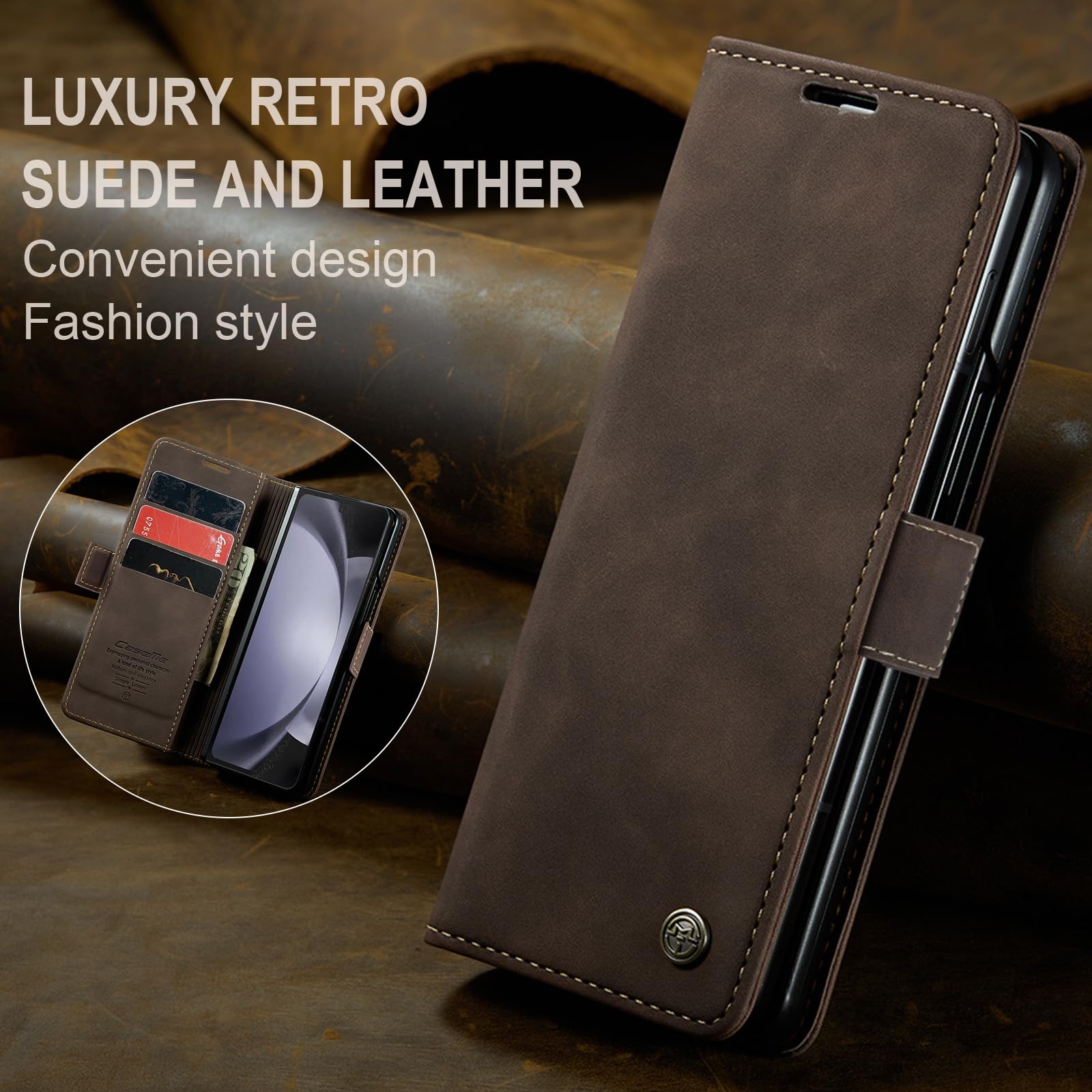 Kowauri for Samsung Galaxy Z Fold 5 Case,Classic Design Leather Wallet Magnetic Closure Flip Case with Kickstand Card Holder Slot Shockproof Protective Cover for Samsung Galaxy Z Fold 5 5G, Coffee
