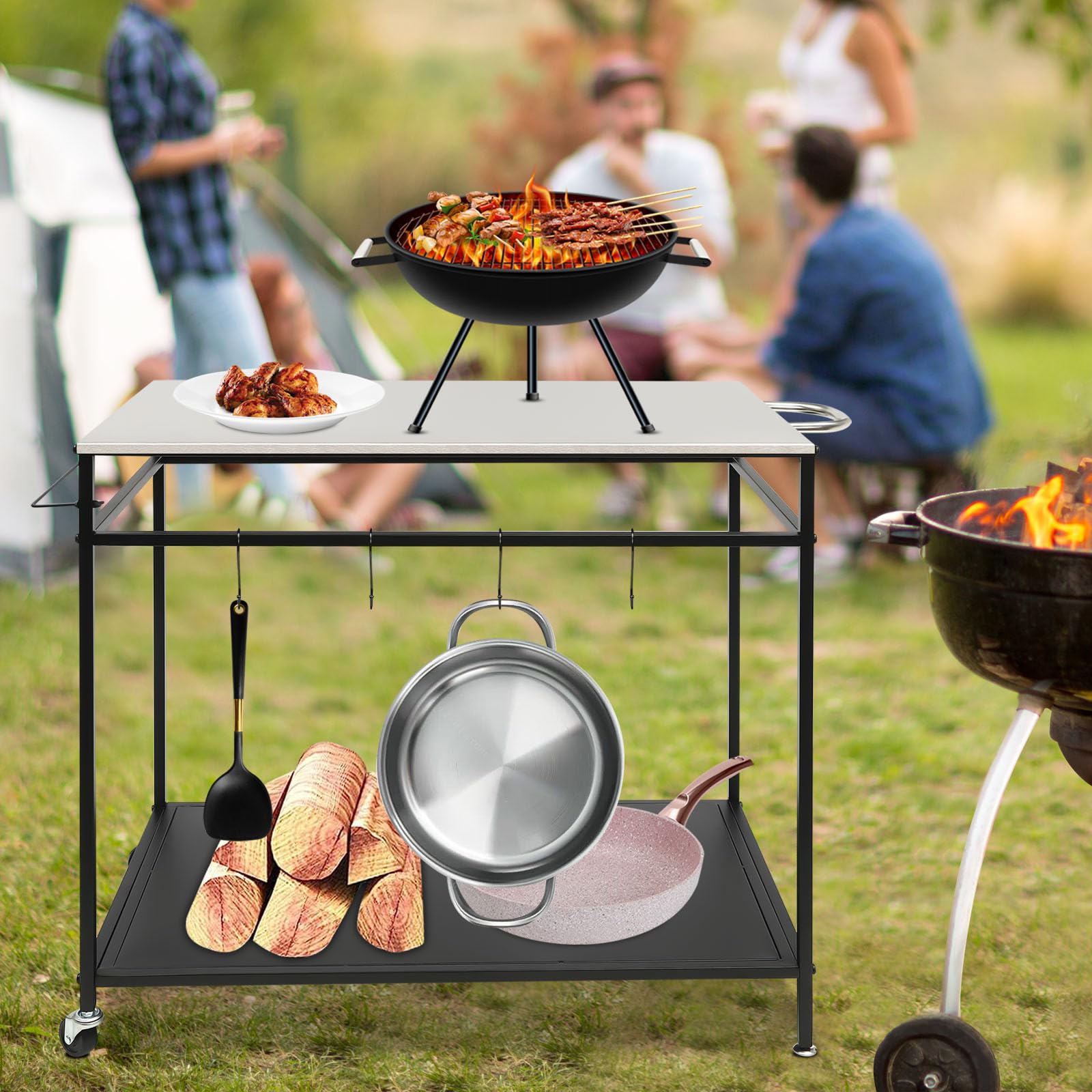 CheriMuMu Outdoor Movable Cooking Table, Double-Shelf Movable Grill Cart Outdoor Pizza Oven Table Stand Trolley Worktable Trolle with 2 Wheels and 4 Hooks for Kitchen, Outside or Backyard Patio