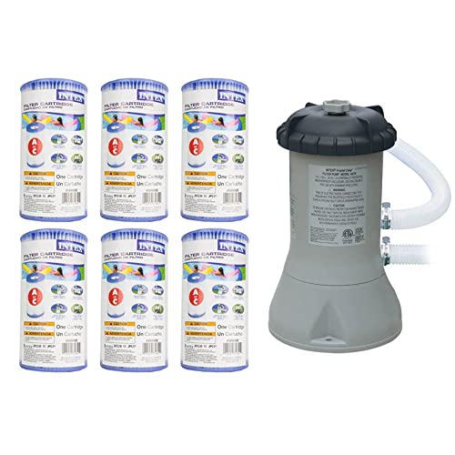 Intex 1000 GPH Easy Set Filter Pump System with GFCI for Above Ground Swimming Pools with Type A & C Filter Cartridge Replacements (6 Pack)