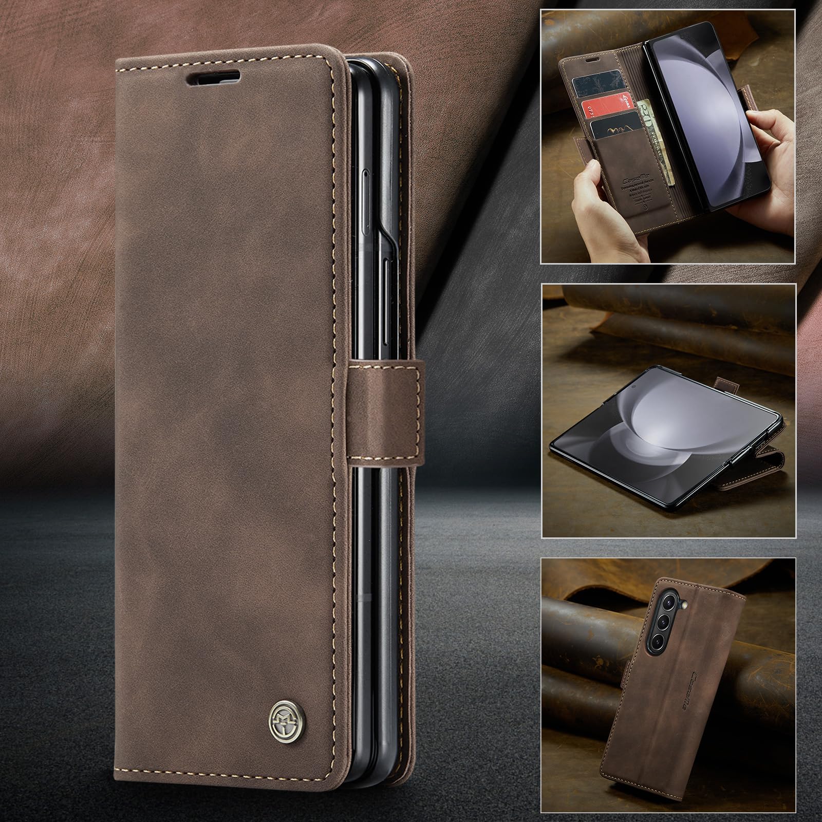 Kowauri for Samsung Galaxy Z Fold 5 Case,Classic Design Leather Wallet Magnetic Closure Flip Case with Kickstand Card Holder Slot Shockproof Protective Cover for Samsung Galaxy Z Fold 5 5G, Coffee