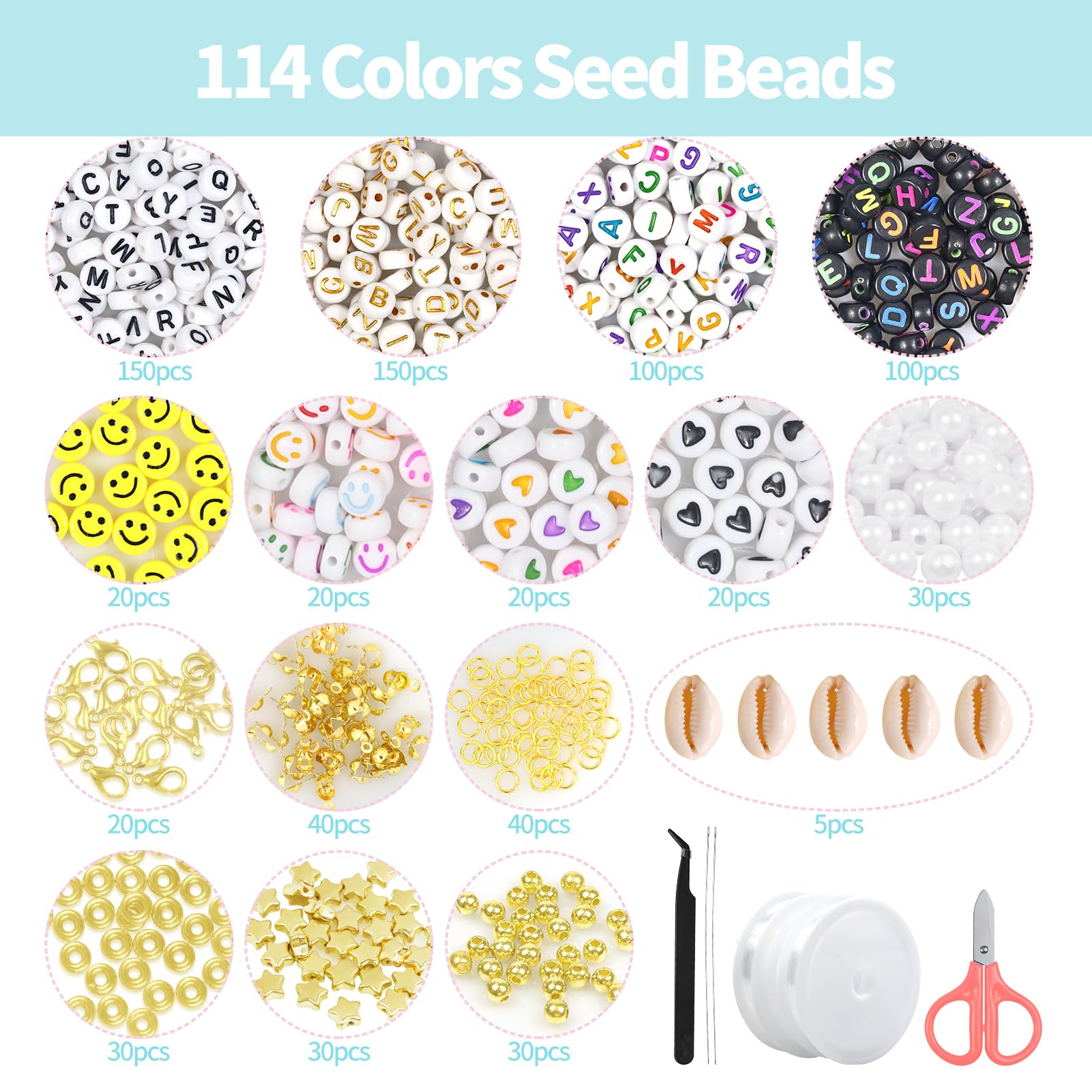 BIBOKLTIY 114 Colors Glass Seed Beads Bracelet Making Kit, 28500pcs 3mm Seed Beads Jewelry Making Kit with Alphabet Letter Beads and String, Glass Beads Kit for Bracelets DIY Art Craft