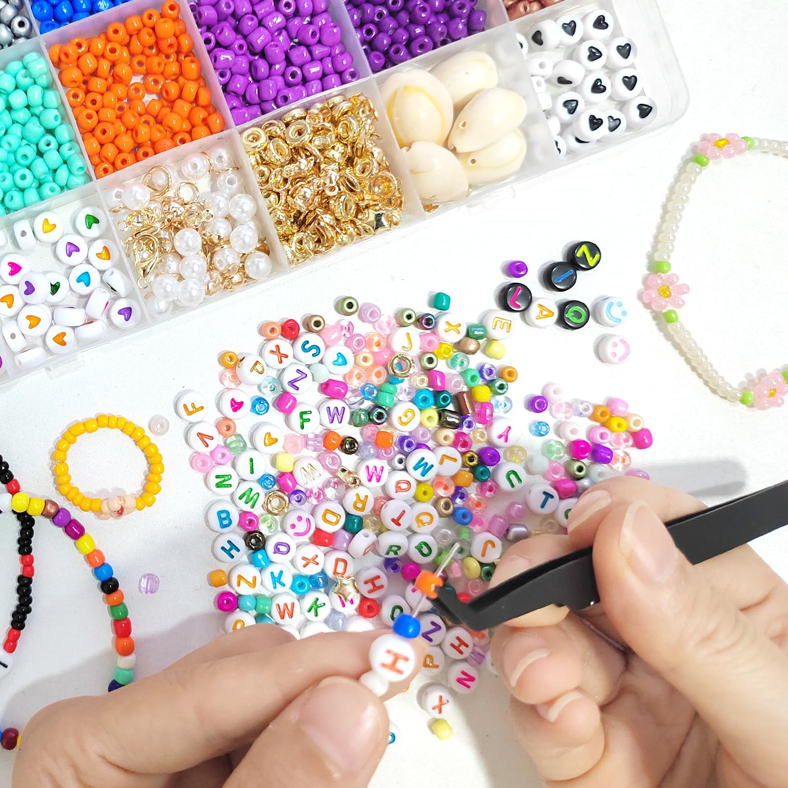BIBOKLTIY 114 Colors Glass Seed Beads Bracelet Making Kit, 28500pcs 3mm Seed Beads Jewelry Making Kit with Alphabet Letter Beads and String, Glass Beads Kit for Bracelets DIY Art Craft