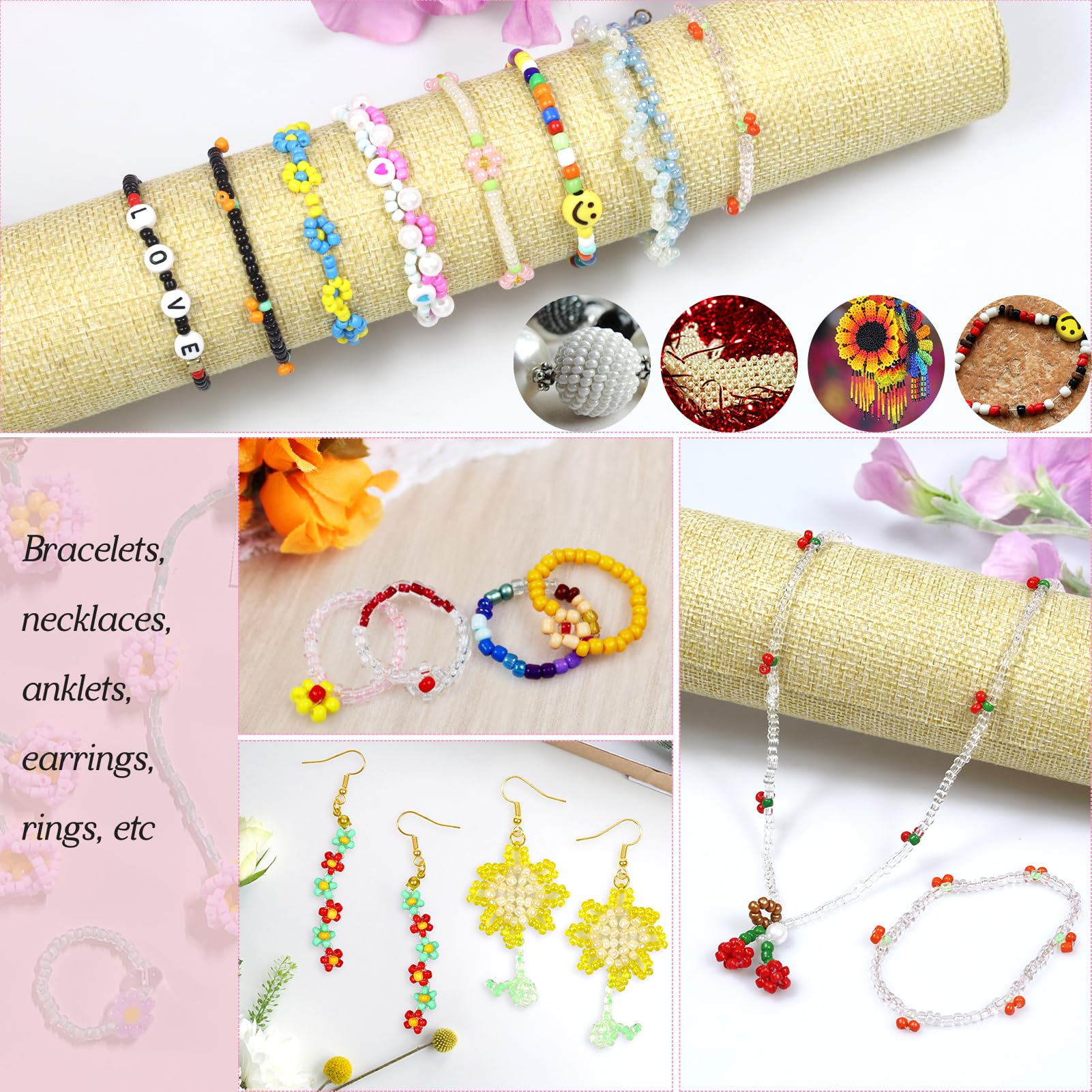 BIBOKLTIY 114 Colors Glass Seed Beads Bracelet Making Kit, 28500pcs 3mm Seed Beads Jewelry Making Kit with Alphabet Letter Beads and String, Glass Beads Kit for Bracelets DIY Art Craft