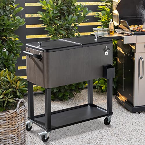 VINGLI 80 Quart Rolling Ice Chest on Wheels, Portable Patio Party Bar Drink Cooler Cart, with Shelf, Beverage Pool with Bottle Opener,Water Pipe (Grey)