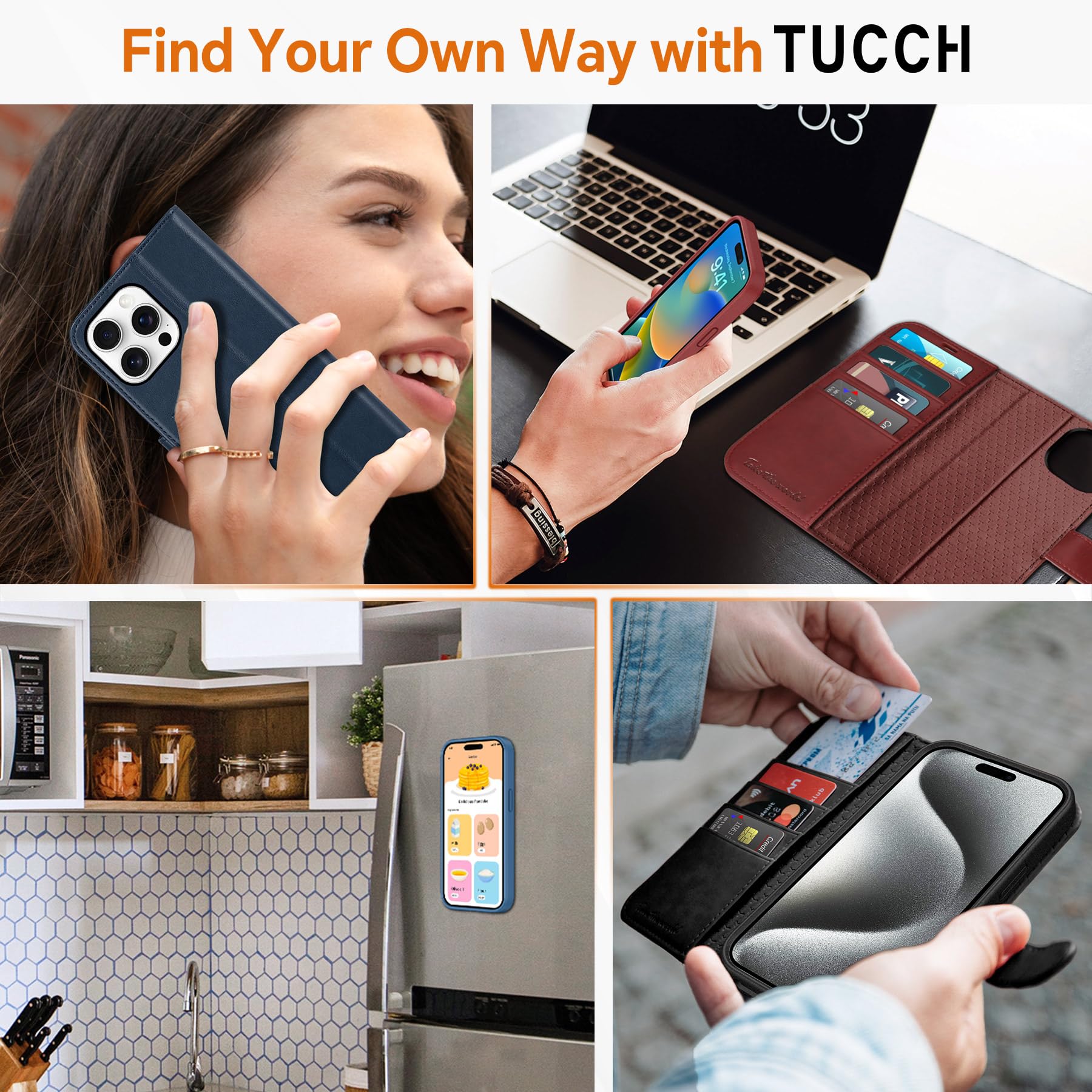 TUCCH Wallet Case for iPhone 15 Pro Max, [Removable] Stand RFID Blocking 4 Card Slots Wireless Charging Protective Case, 2-in-1 Detachable PU Leather Folio Compatible with iPhone 15 Pro Max, Dark Red