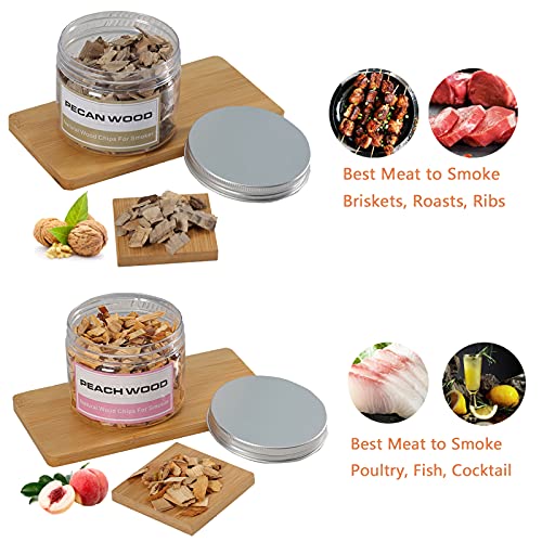 Natural Wood Chips for Smoker Grill and Smoking Gun 6 pcs Wood Chips Pecan, Oak, Cherry, Apple, Peach and Pear About 8oz Each Great for Smoking Beef Pork Chicken Fish and Whisky