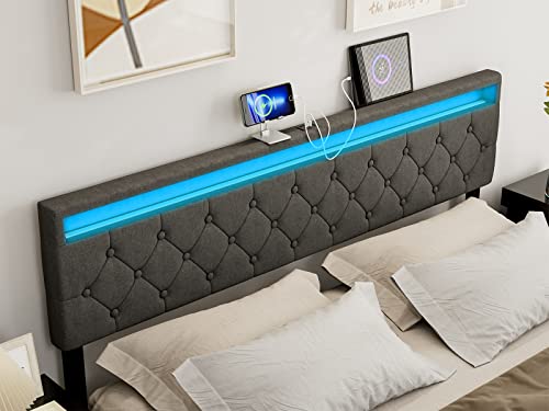 IKIFLY Upholstered King Size Headboard with 2 USB Ports & LED Lights - Adjustable Height - Button Tufted Padded Linen Fabric Headboard, Easy Assembly, King Headboard Only for Bedroom - Dark Grey