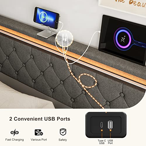 IKIFLY Upholstered King Size Headboard with 2 USB Ports & LED Lights - Adjustable Height - Button Tufted Padded Linen Fabric Headboard, Easy Assembly, King Headboard Only for Bedroom - Dark Grey